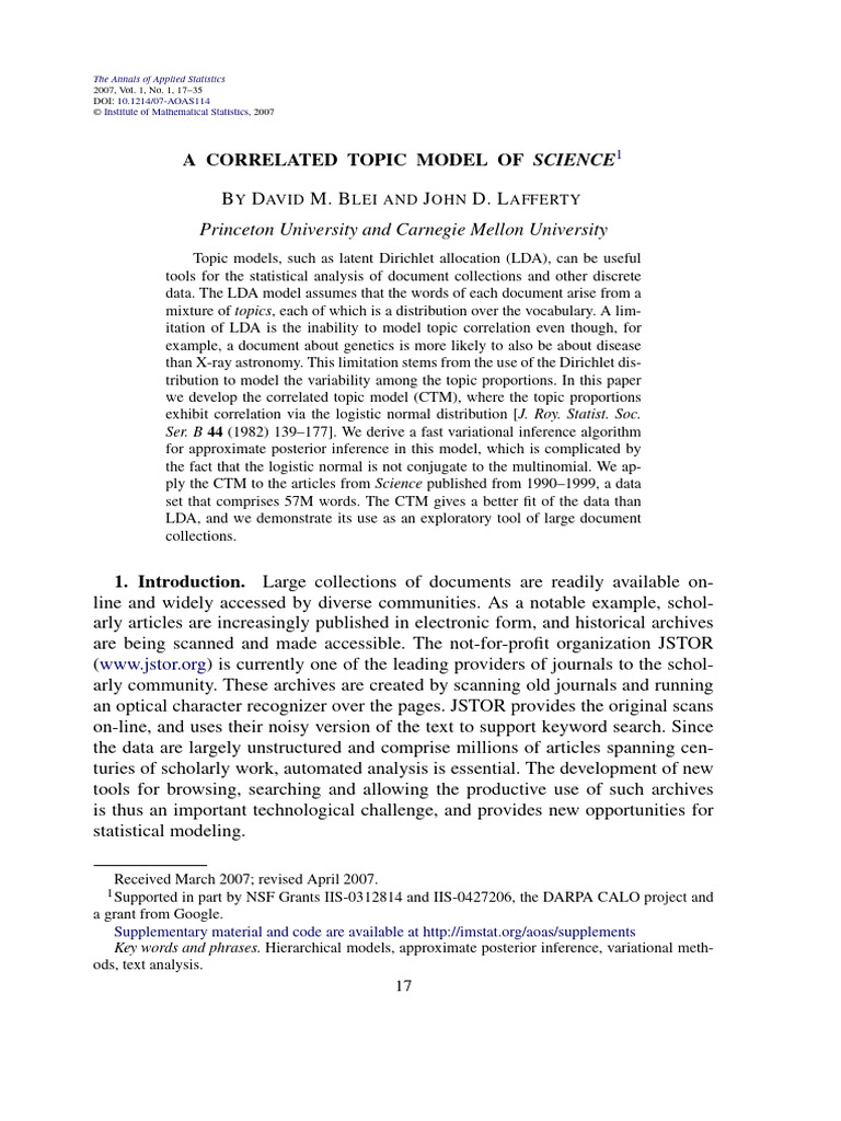 A CORRELATED TOPIC MODEL OF SCIENCE1 | PDF | Statistical Inference | Statistical Theory