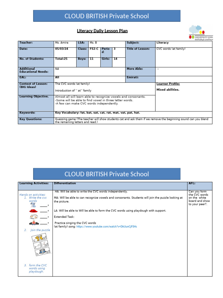Literacy Daily Lesson Plan FS | PDF | Literacy | Linguistics