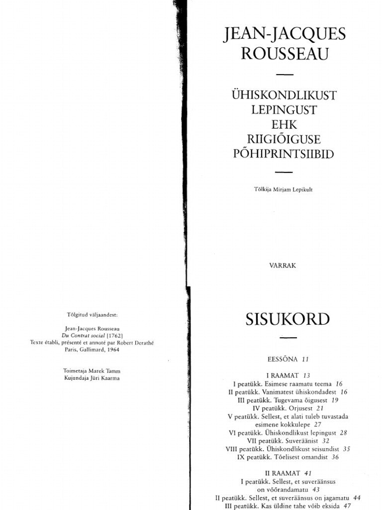Jean-Jacques Rousseau, Ühiskondlikust Lepingust Ehk Riigiõiguse ...