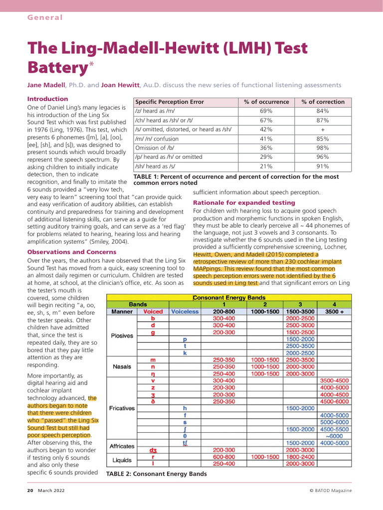 The Ling Madell Hewitt LMH Test Battery | PDF | Speech | Perception