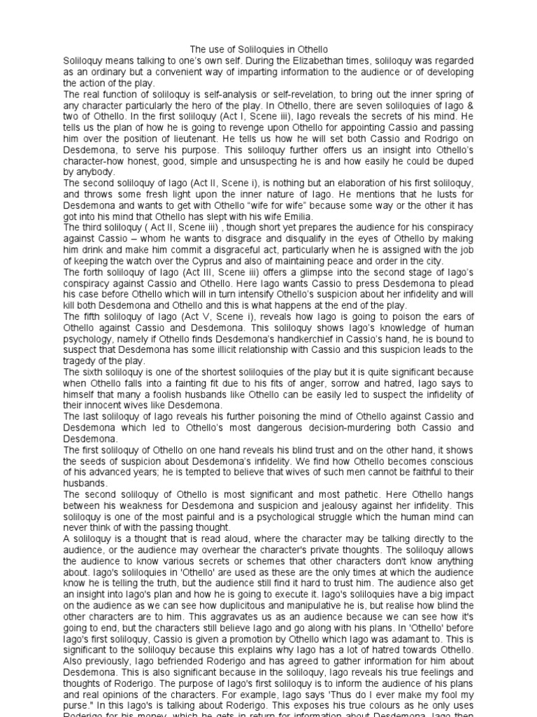 The Use of Soliloquies | PDF | Iago | Othello