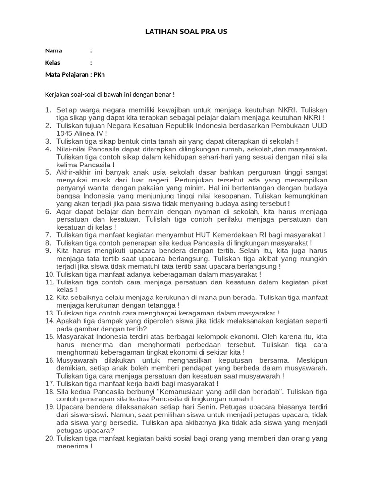 Latihan Soal PKN Kelas 6 2024 | PDF