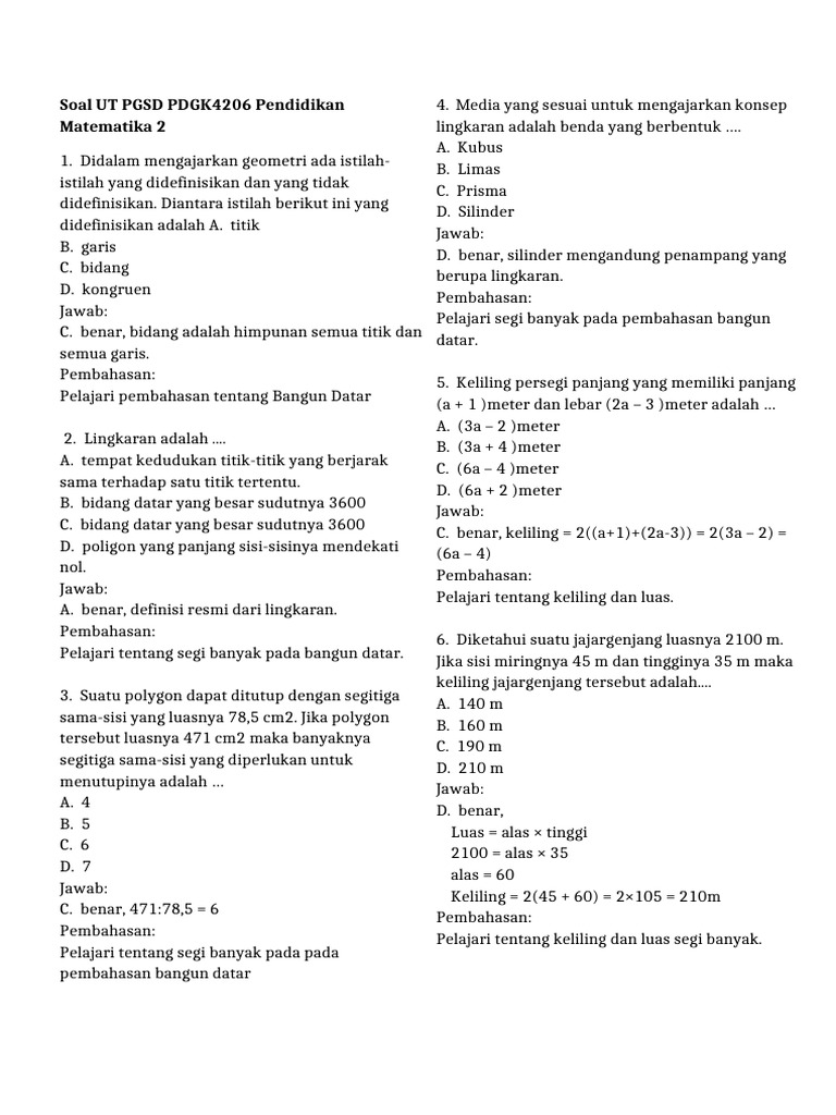 Soal UT PGSD PDGK4206 Pendidikan Matematika 2 Contoh | PDF