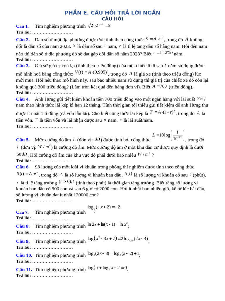 Bài 22. Phuong Trinh - BPT - Logarit-Mu - Traloingan | PDF
