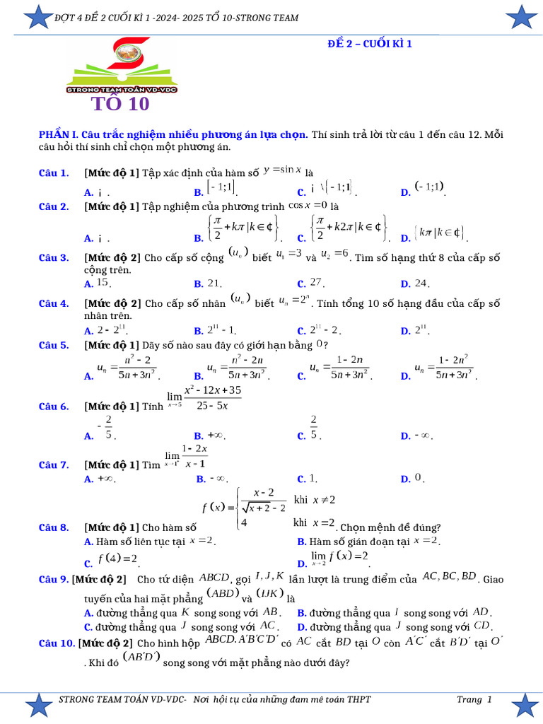 T 10 Đot 4 de 2 CK1 Toan 11 CTST 2024 2025 | PDF