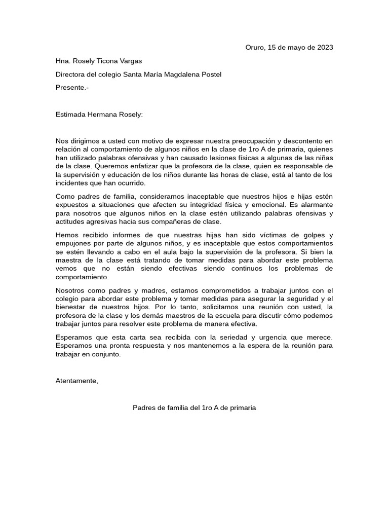 Carta sobre mala conducta en 1ro A | PDF