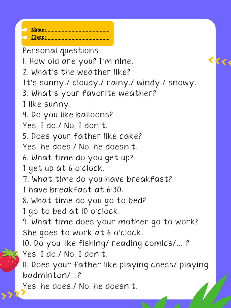 Grade 4. Personal Questions HK 2 | PDF