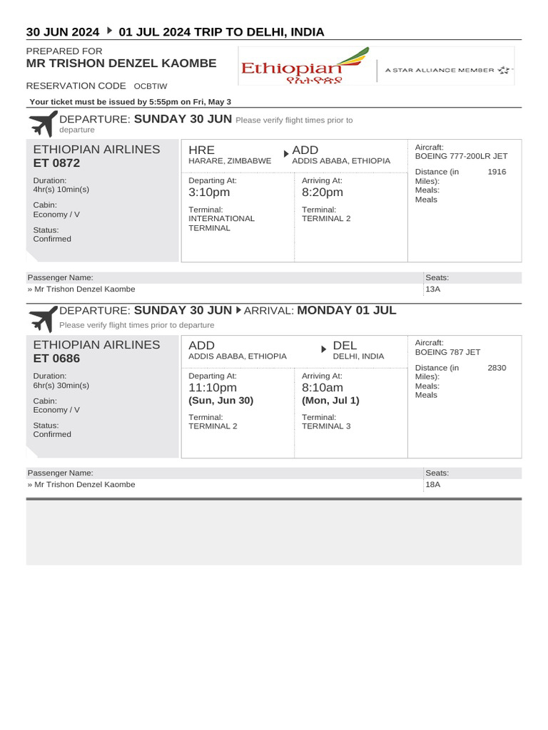 Travel Reservation June 30 For MR Trishon Denzel Kaombe | PDF | Aviation Safety | Airliner