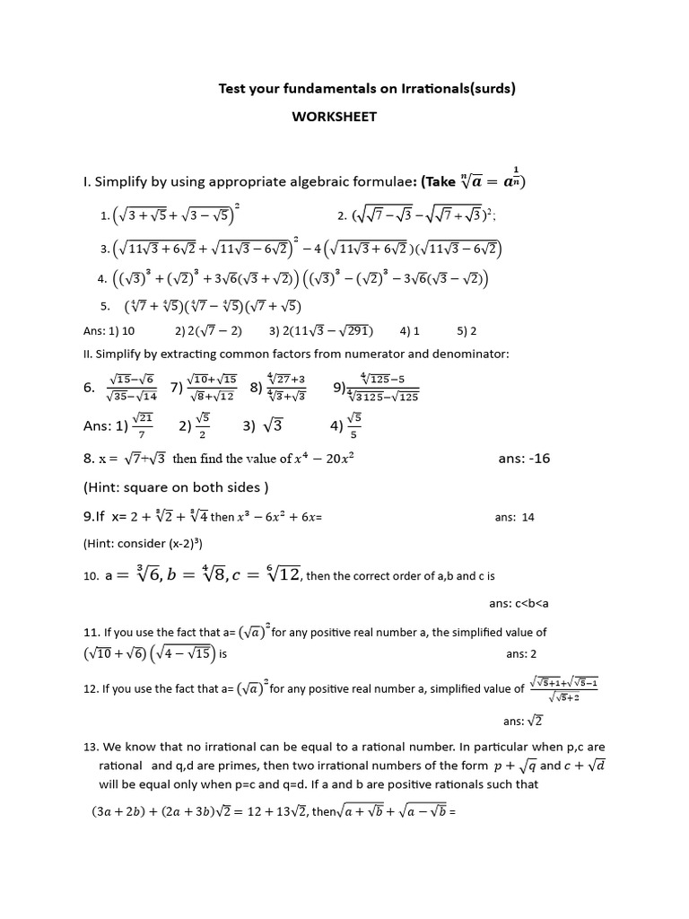 Test Your Fundamentals On Irrationals | PDF | Mathematics | Algebra