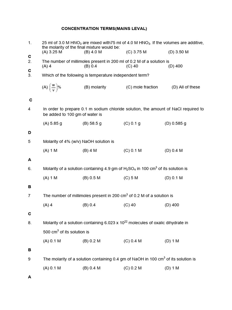Molarity and Solutions Calculations | PDF | Concentration | Molar ...