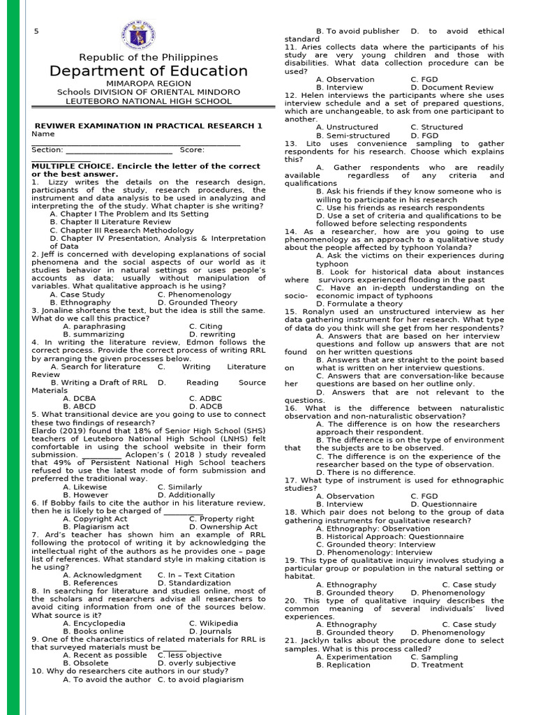 Summative-Reviewer-PR1-50-items | PDF | Qualitative Research | Data