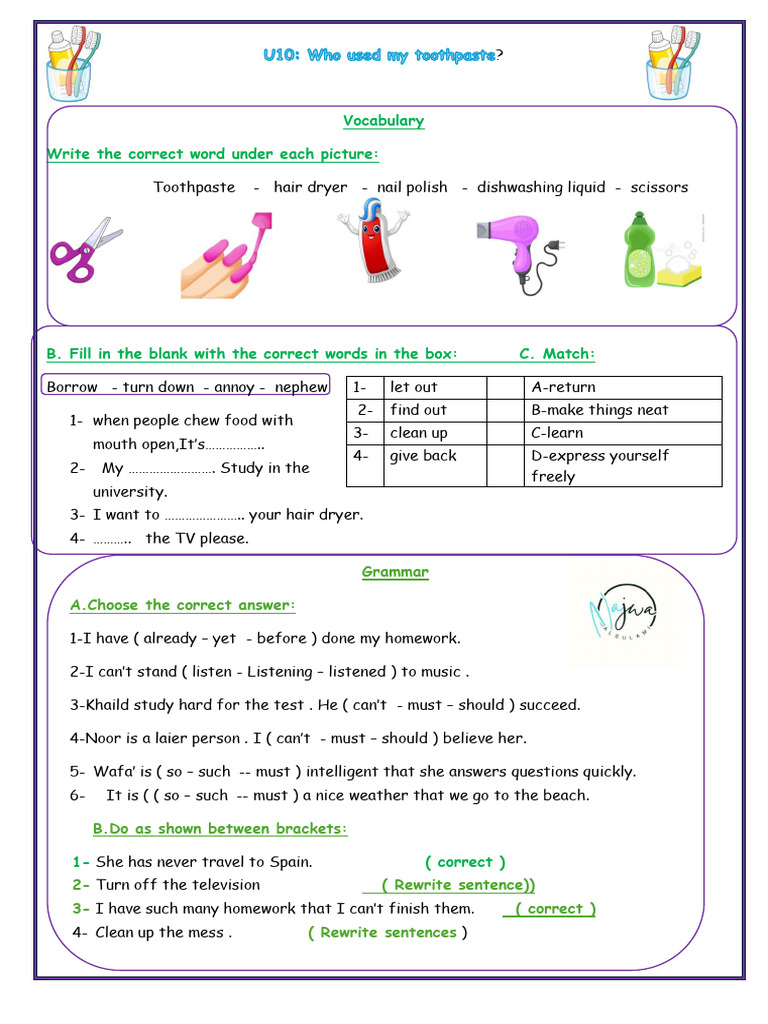 Vocabulary Write The Correct Word Under Each Picture:: U10: Who Used My ...