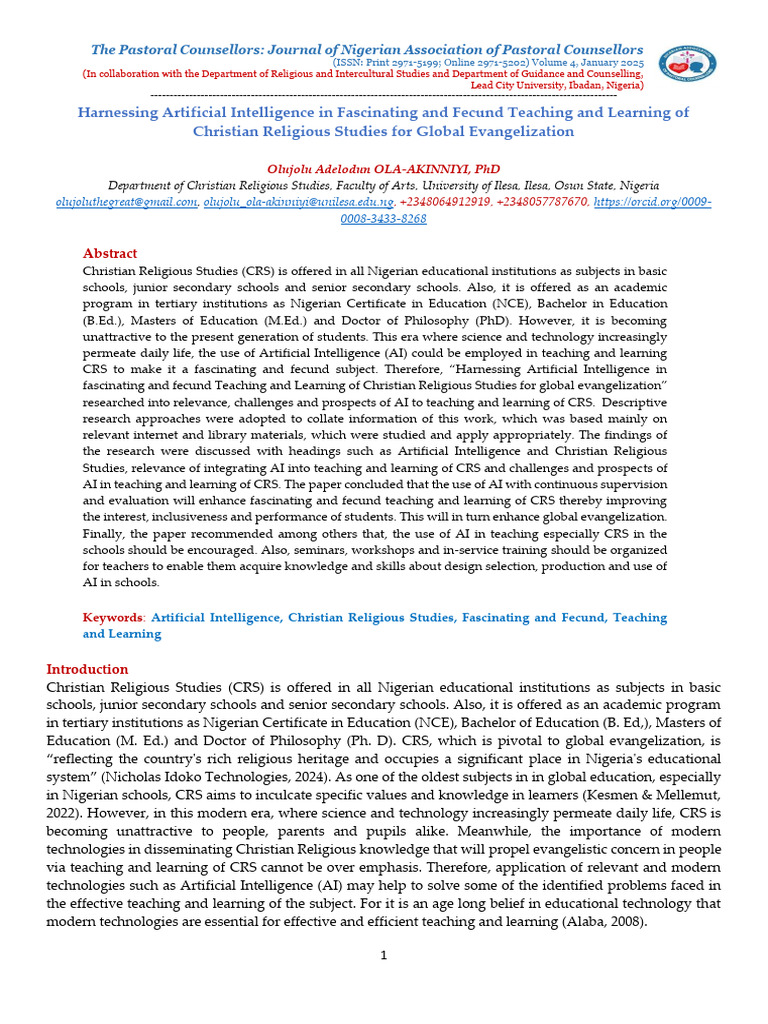 Harnessing Artificial Intelligence in Fascinating and Fecund Teaching and Learning of Christian ...