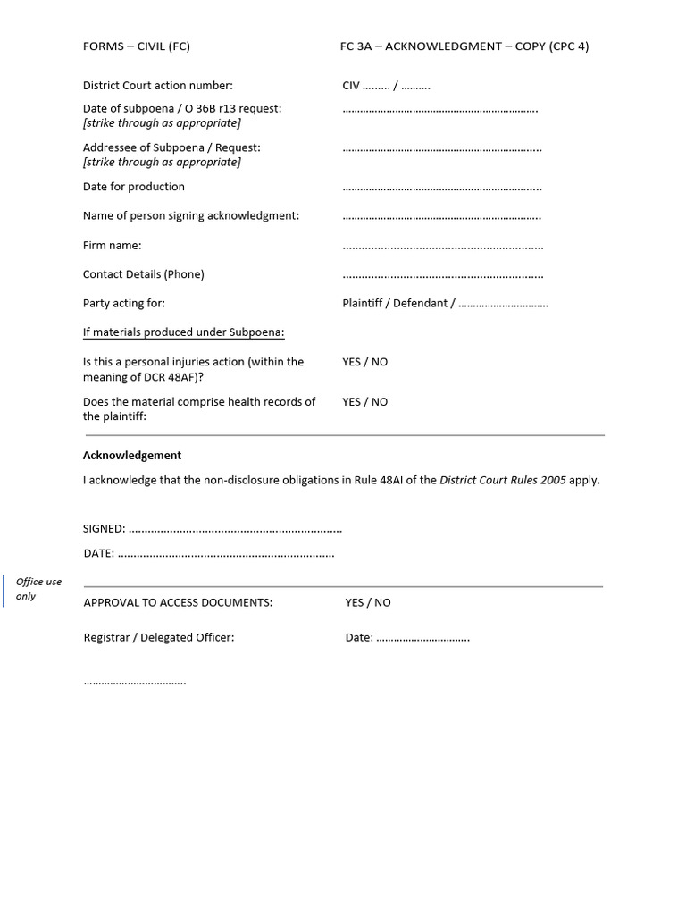 FC 3A Subpoena Acknowledgment | PDF