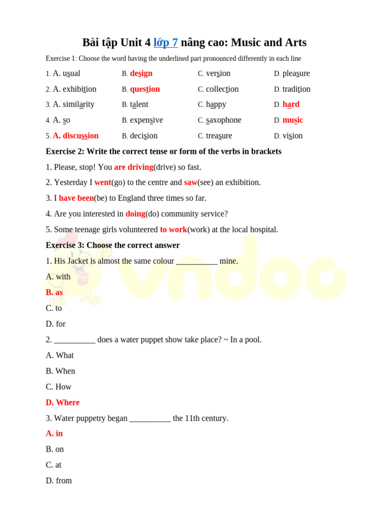 Bai Tap Unit 4 Lop 7 Nang Cao Music and Arts | PDF
