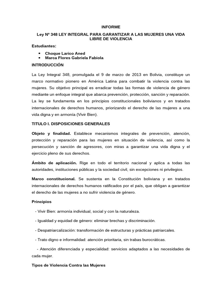 Informe Ley 348 | PDF | Violencia | Acoso sexual