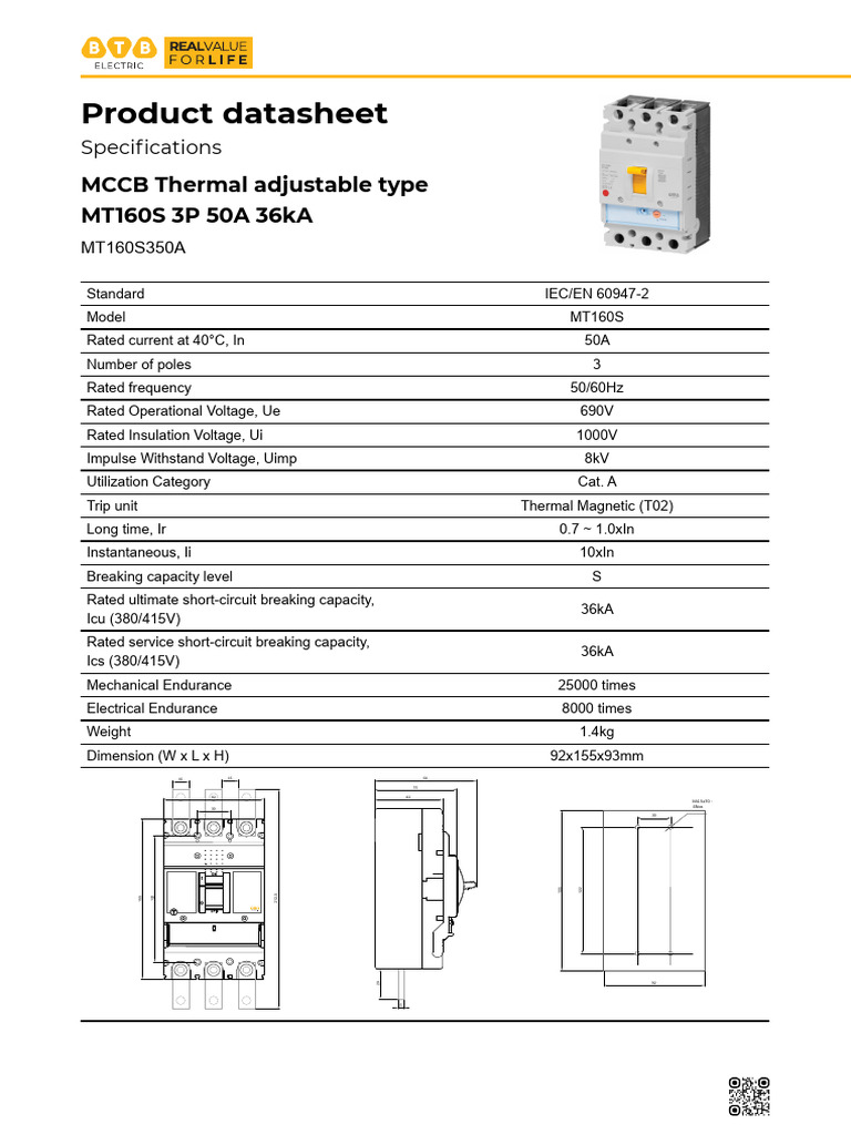 Product Datasheet MCCB MT160S350A | PDF | Power (Physics) | Electricity