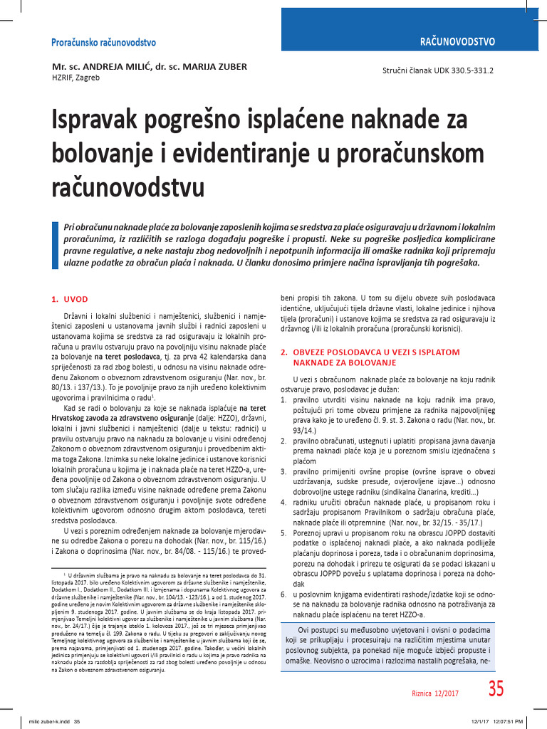 Ispravak Pogrešno Ispla Ene Naknade Za Bolovanje I Evidentiranje U Prora Unskom Ra Unovodstvu | PDF