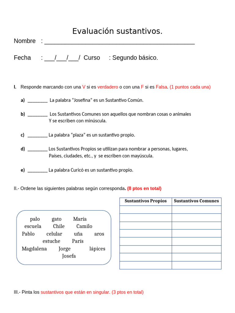 EVALUACION 2 BASICO Sustantivos Propios Comunes Individual Colectivo 29 ...