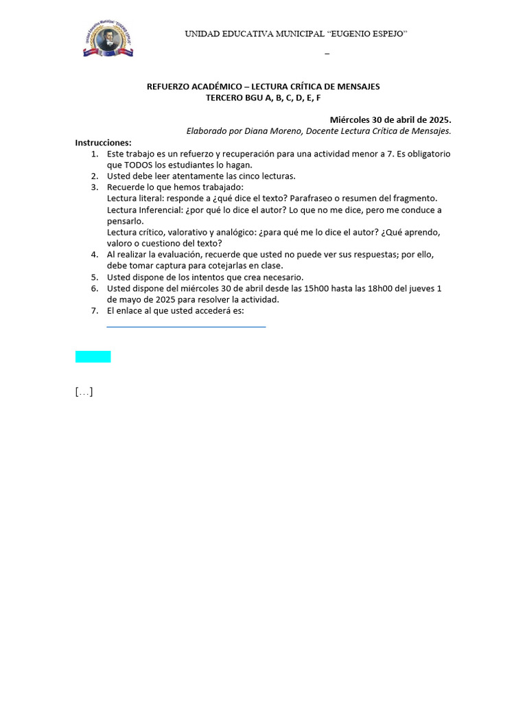 Refuerzo 2 - Niveles de Lectura Tercero BGU | PDF