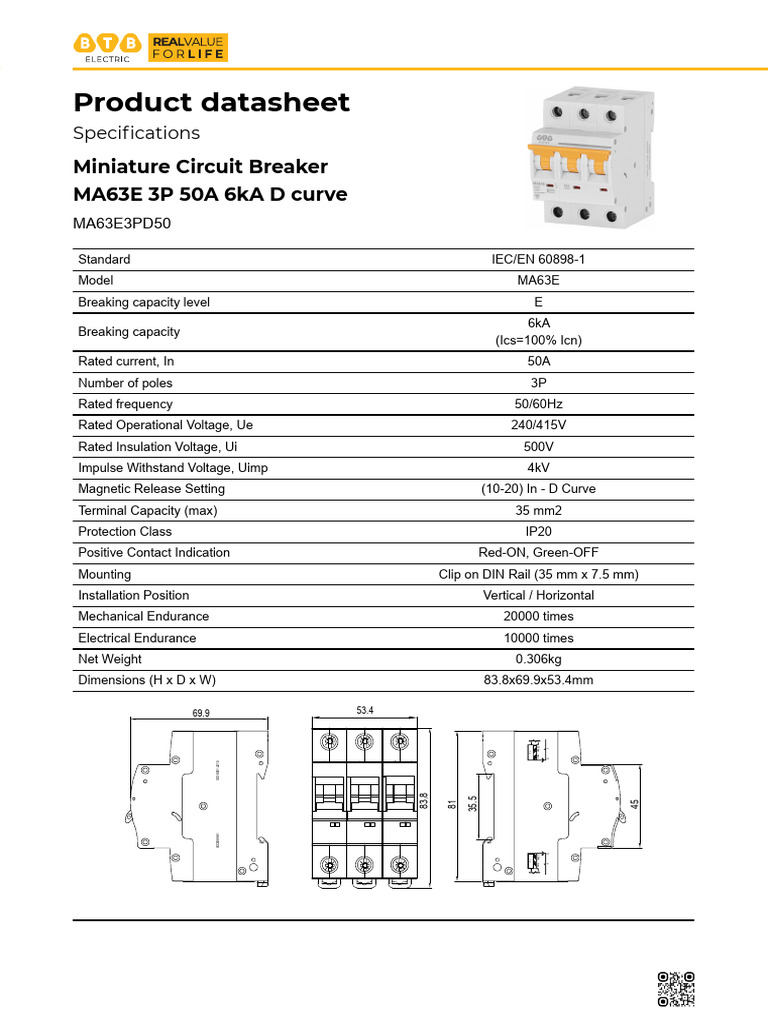 Product Datasheet MCB MA63E3PD50 | PDF | Electronics | Electrical Equipment