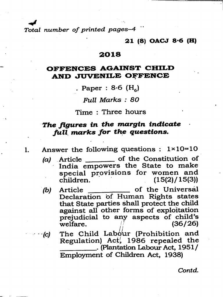Offences Against Child and Juvenile Offences 2018 Ba - LLB sem-VIII | PDF