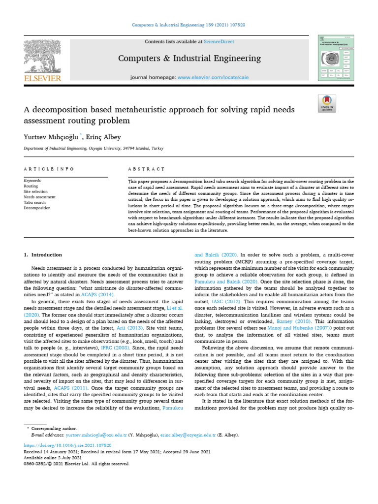 A Decomposition Based Metaheuristic Approach For Solving Rapid Needs Assessment Routing problem ...