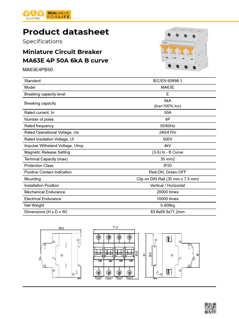 Product Datasheet MCB MA63E4PB50 | PDF | Electronics | Electrical Equipment