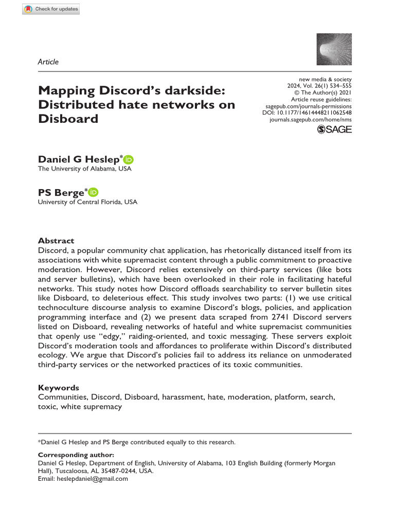 (L) Heslep Berge 2021 Mapping Discord S Darkside Distributed Hate Networks On Disboard | PDF ...