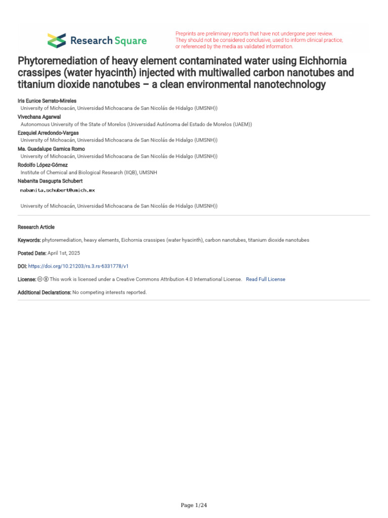 Phytoremediation of heavy element contaminated water using Eichhornia ...