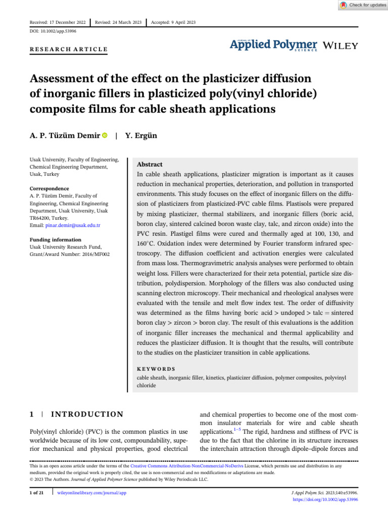 J of Applied Polymer Sci - 2023 - Tüzüm Demir - Assessment of The Effect On The Plasticizer ...