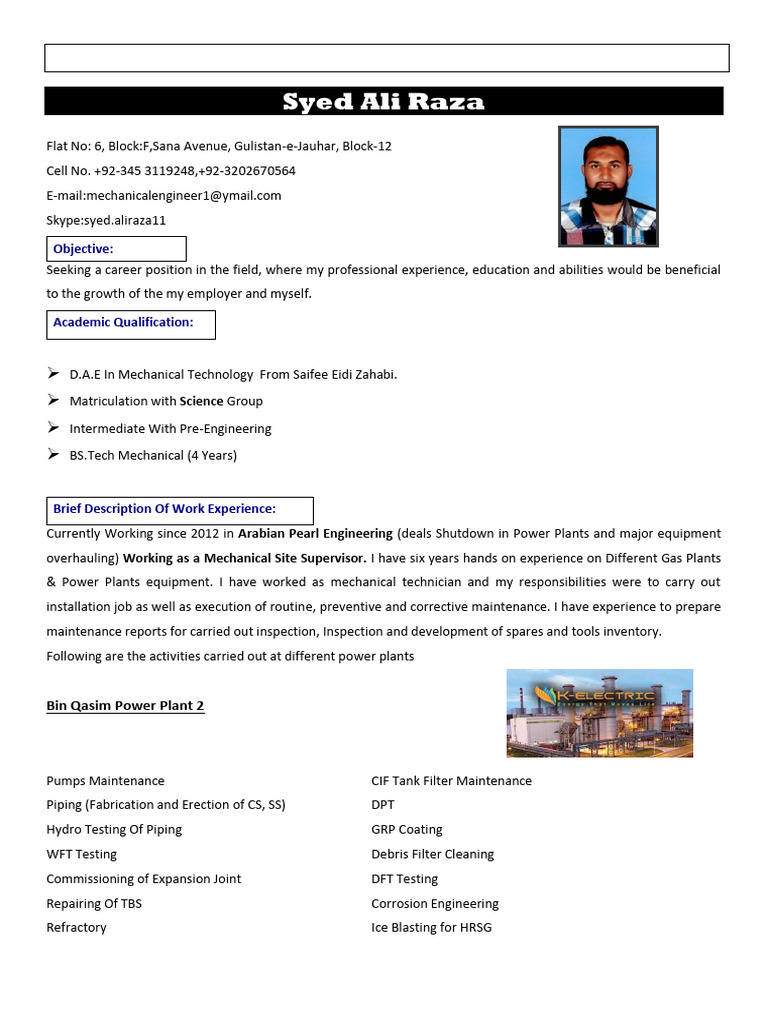 CV SYED ALI RAZA - Ali Raza | PDF | Power Station | Occupational Safety And Health