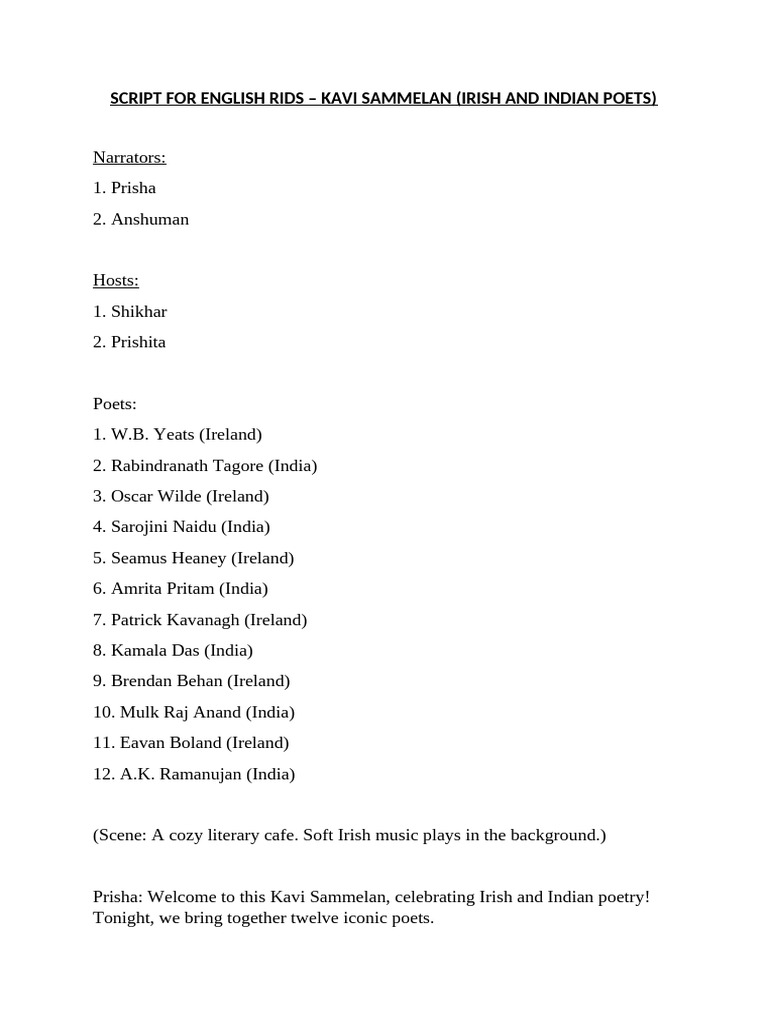 Script For English Rids-Kavi Sammelan (Irish and Indian Poets) | PDF | Irish Poetry | W. B. Yeats