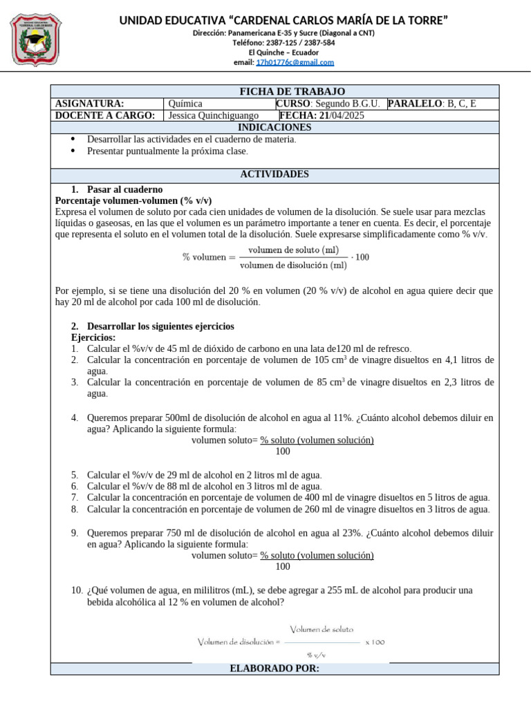 FICHA DE ACTIVIDADES 2do BGU - 21 de ABRIL | PDF | Concentración | Química