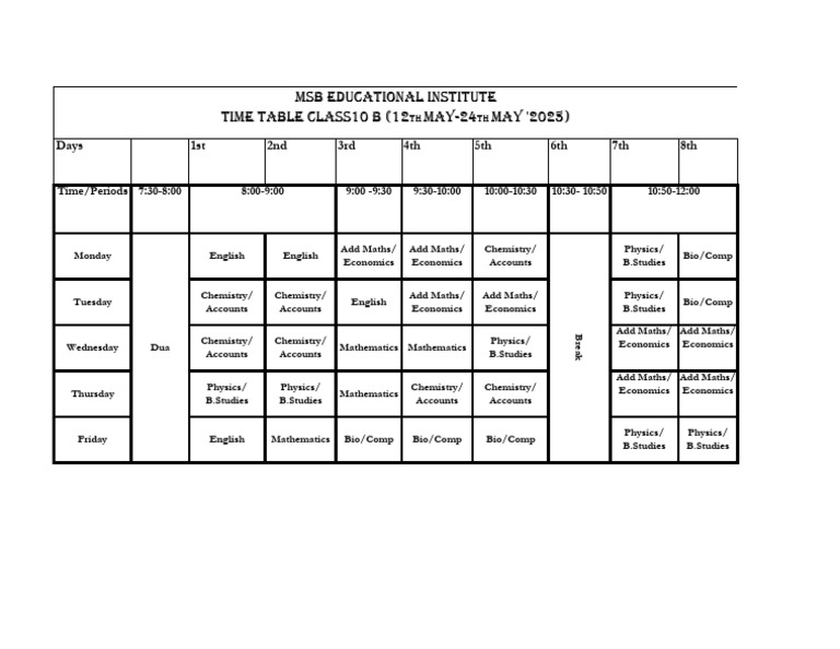 Class 10B Timetable (12th - 27 May 25) | PDF
