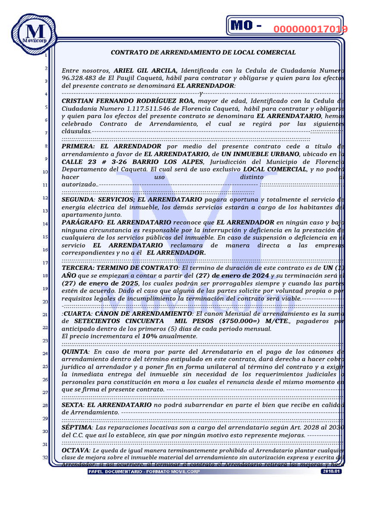 Contrato de Arrendamiento LOCAL ARIEL GIL ARCILA | PDF