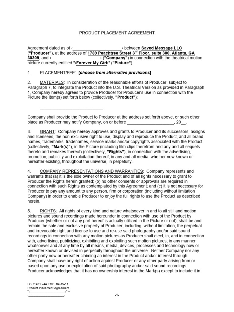 Product Placement Agreement | PDF | Indemnity | Common Law