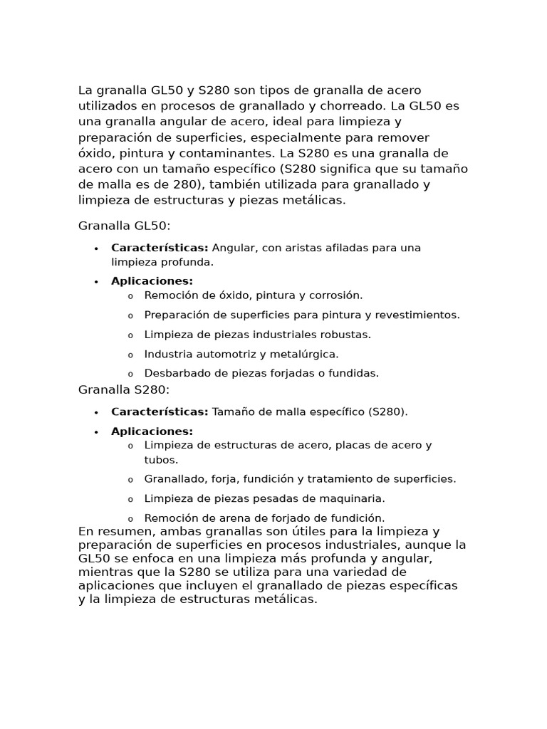 Granalla GL50 y S280: Usos y Características | PDF