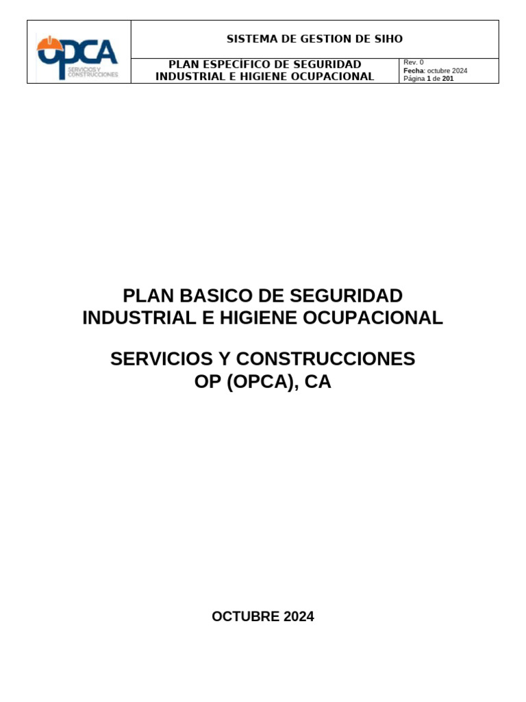 Plan Especifico Siho Opca | PDF | Seguridad y salud ocupacional | Higiene Ocupacional