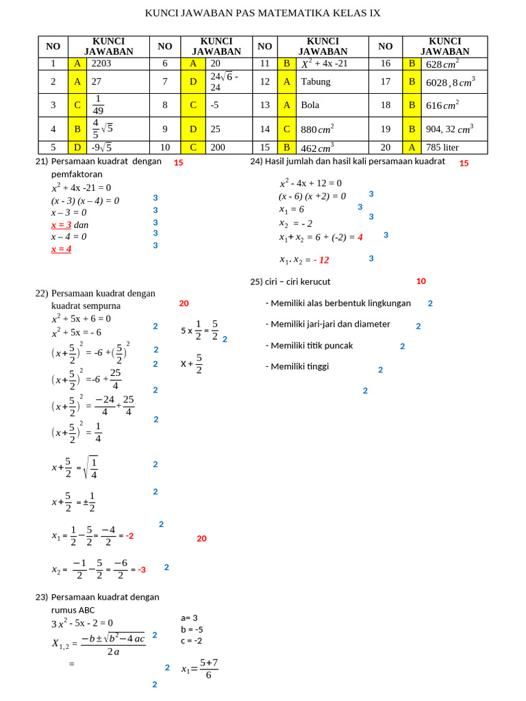 09 KUNCI PAS MTK IX SMP TP 2023-2024 Fix | PDF