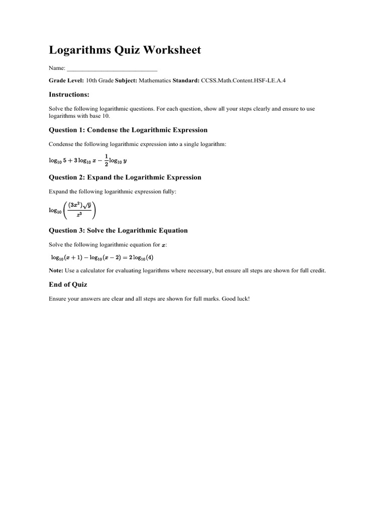 Logarithms Quiz Worksheet | PDF