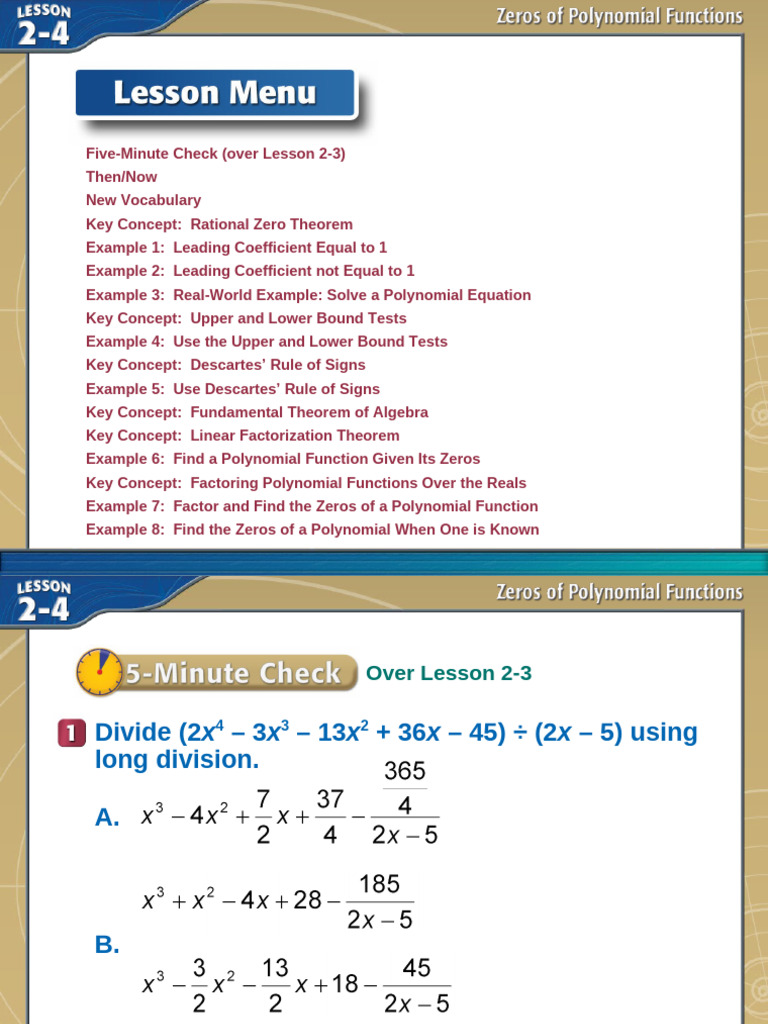 Lesson 2-4 Zeros of Polynomial Functions (Not Taught) | PDF | Factorization | Polynomial