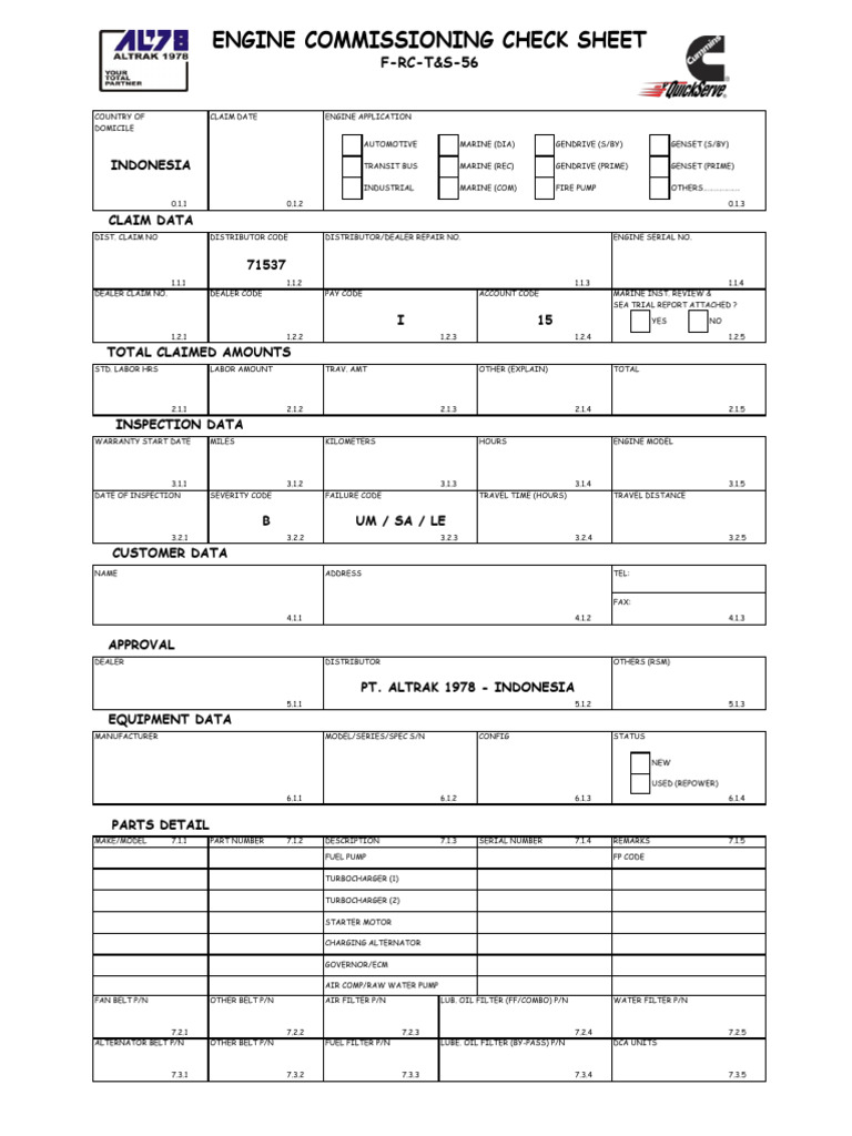 Engine Commissiong Check Sheet | PDF | Lubricant | Engines