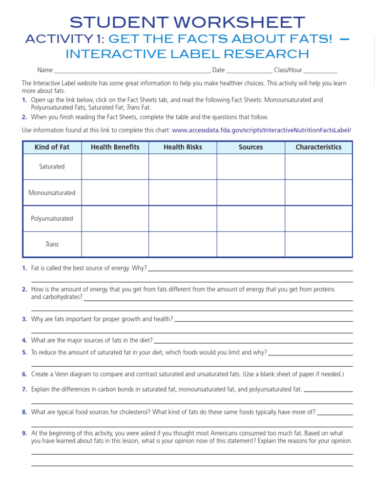 Get The Facts About Fats Worksheet | PDF
