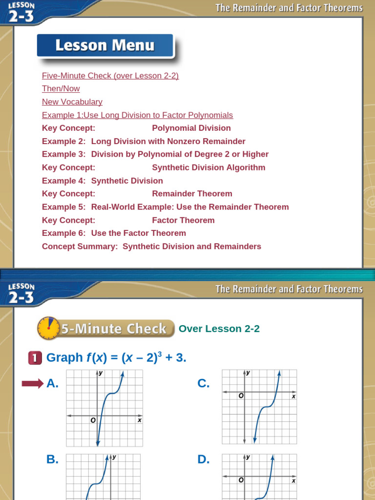 Lesson 2-3 the Remainder and Factor Theorems | PDF | Factorization ...