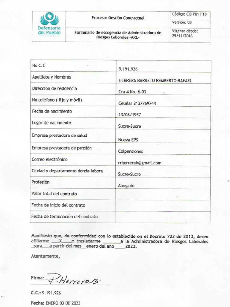 formato escogencia ARL | PDF