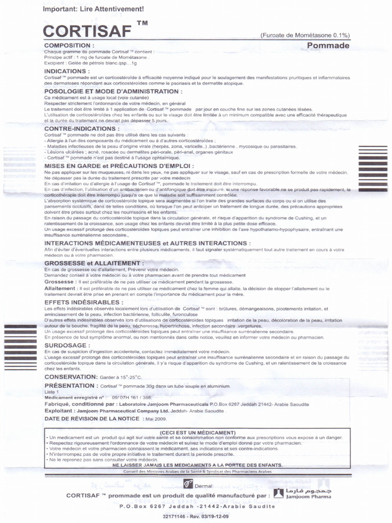 Pommade Cortisaf : Indications et Précautions | PDF | Corticoïde ...