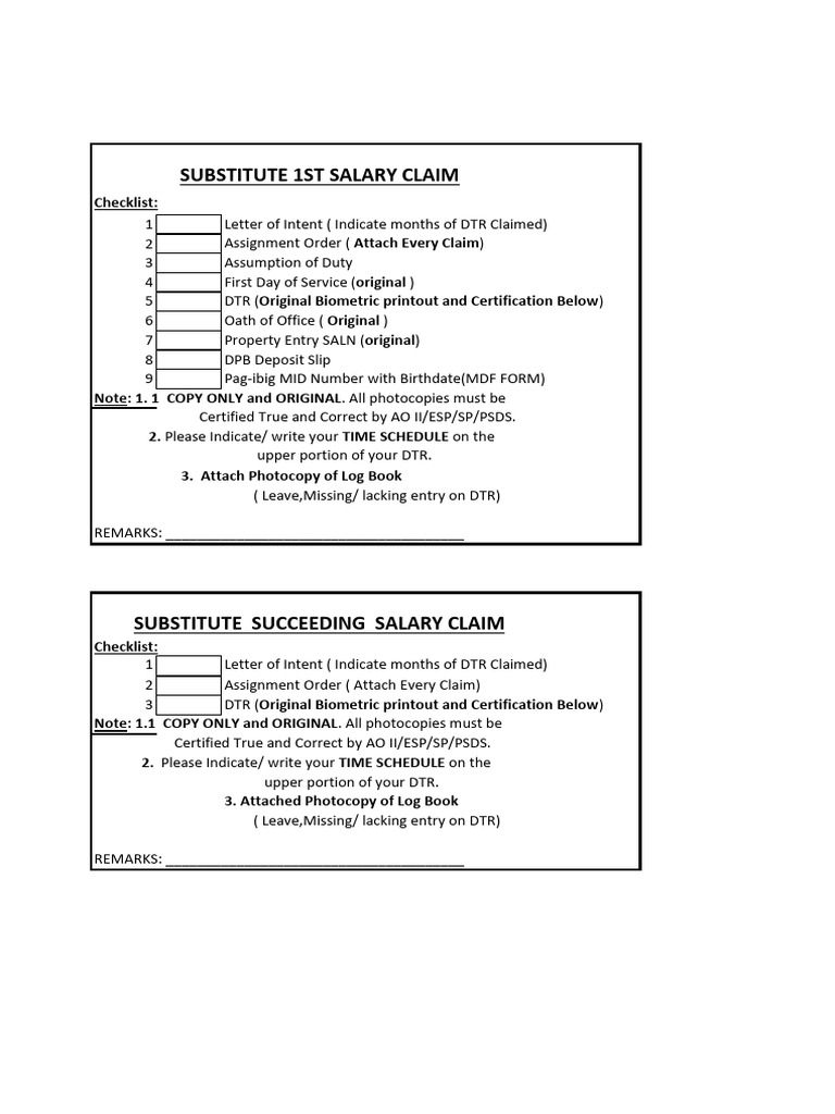 Substitute Teacher Checklist For Salary Claim | PDF