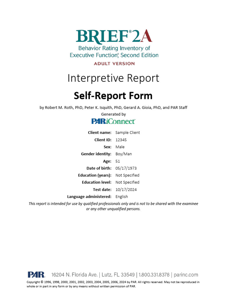 Brief2a Self Report Form Interpretive Report Sample | PDF | Cognition | Behavioural Sciences