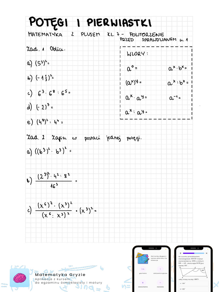 Zadania Na Sprawdzian Matematyka Z Plusem Klasa 7 - Potęgi I Pierwiastki | PDF